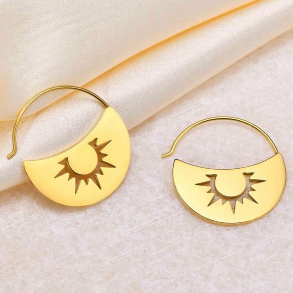 Jewelry | Cutout Sun In Crescent Moon Lasercut Tribal Sunburst Sunrays Celestial Hoops | Poshmark